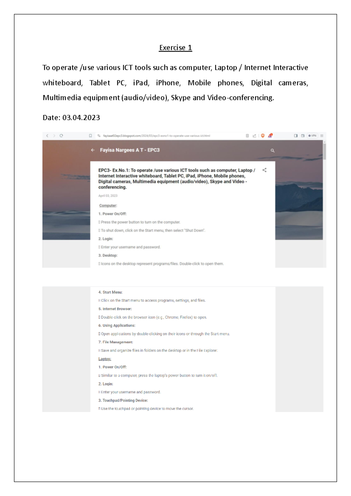 Critical Understanding of ICT - Exercise 1 To operate /use various ICT tools such as computer ...