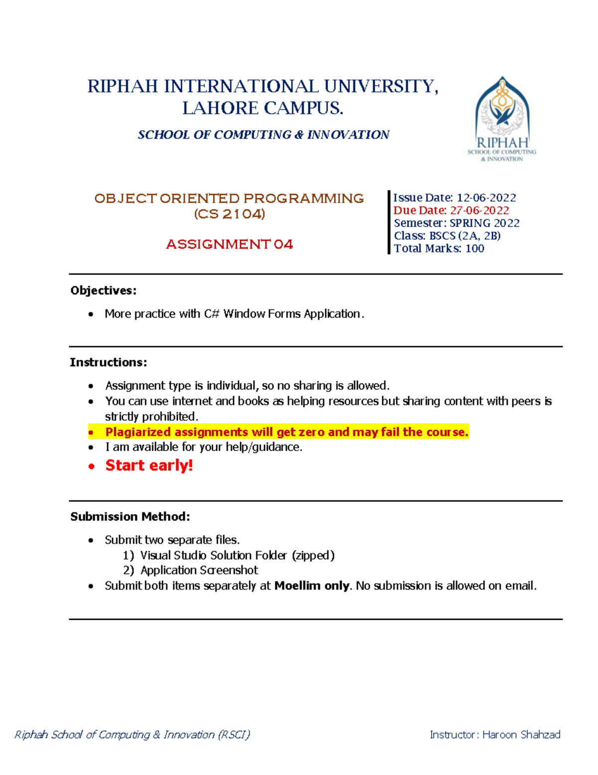 Oop Assignment 4 Riphah School Of Computing And Innovation Rsci Instructor Haroon Shahzad