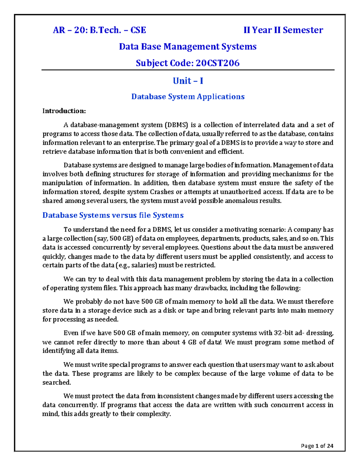 DBMS(AR-20(20CST206) Unit 1 - AR – 20: B. – CSE II Year II Semester Data Base Management Systems ...