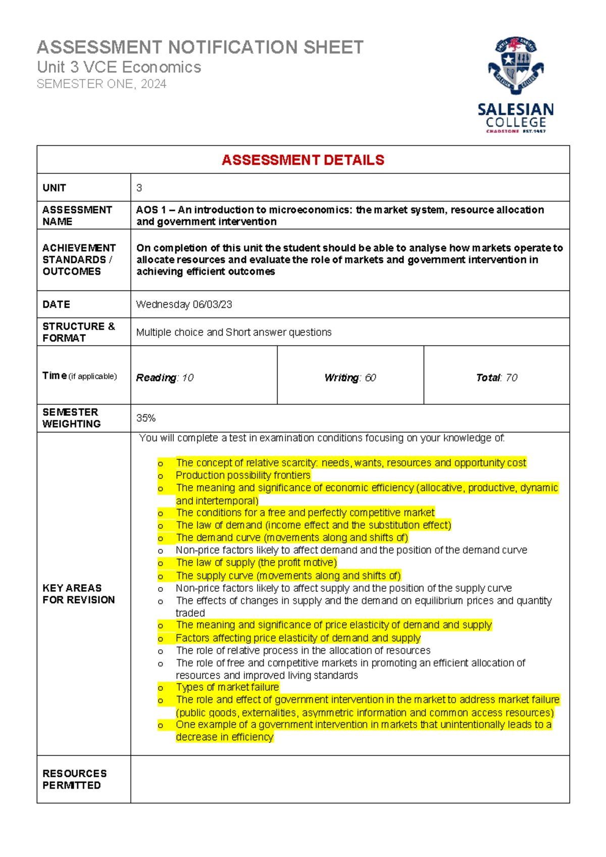 2024 VCE Eco Unit 3 SAC 1 Notification Sheet (003) - ASSESSMENT ...