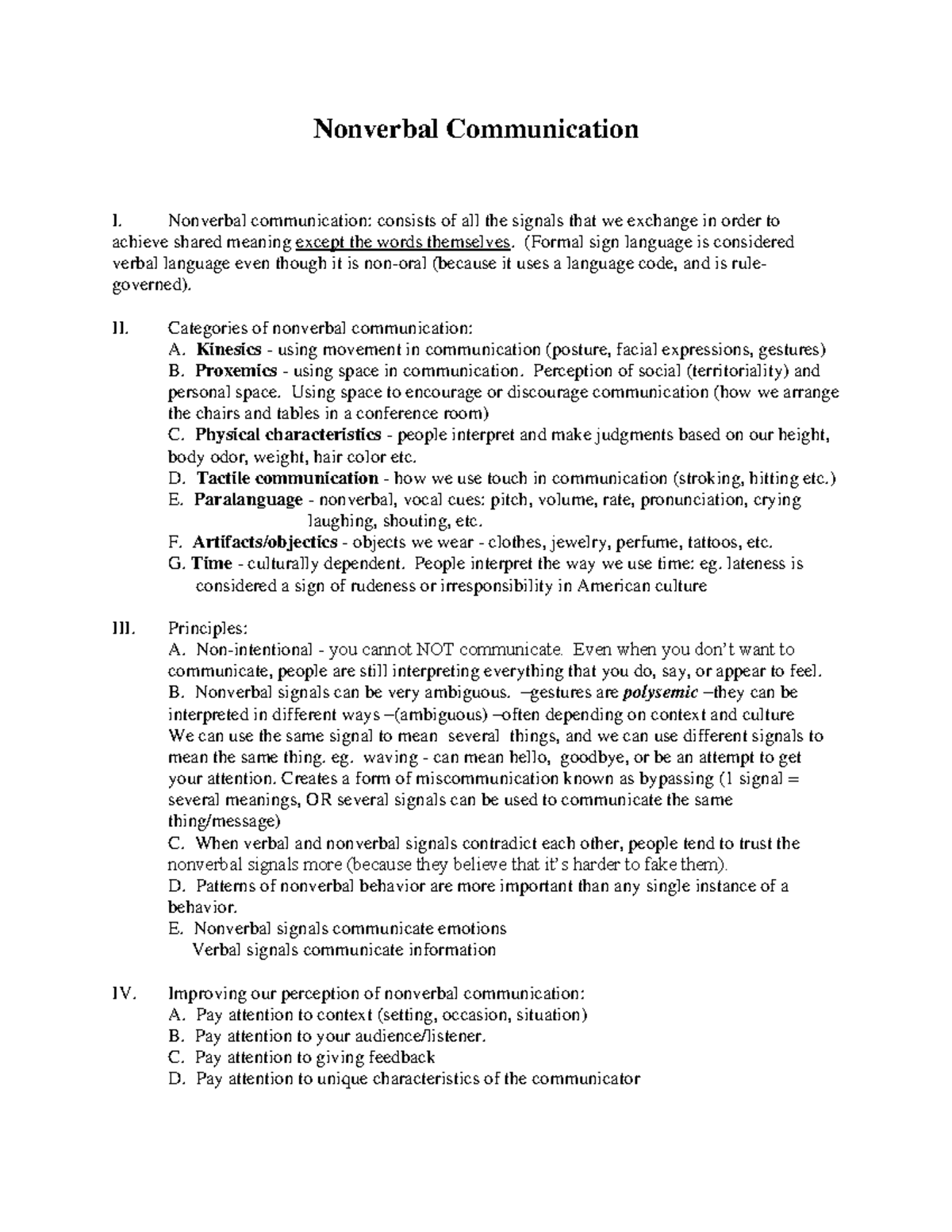 Nonverbal communication notes - Nonverbal Communication I. Nonverbal ...