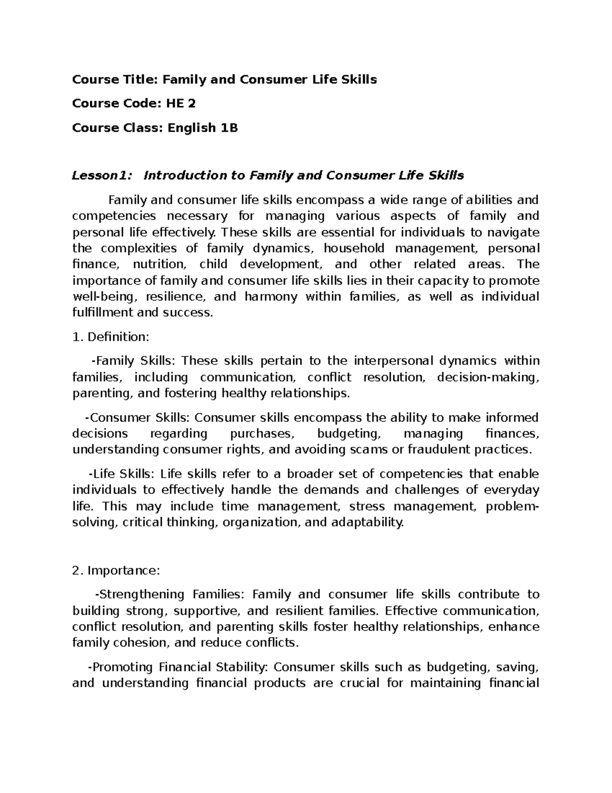 Lesson 1 - Course Title: Family and Consumer Life Skills Course Code ...