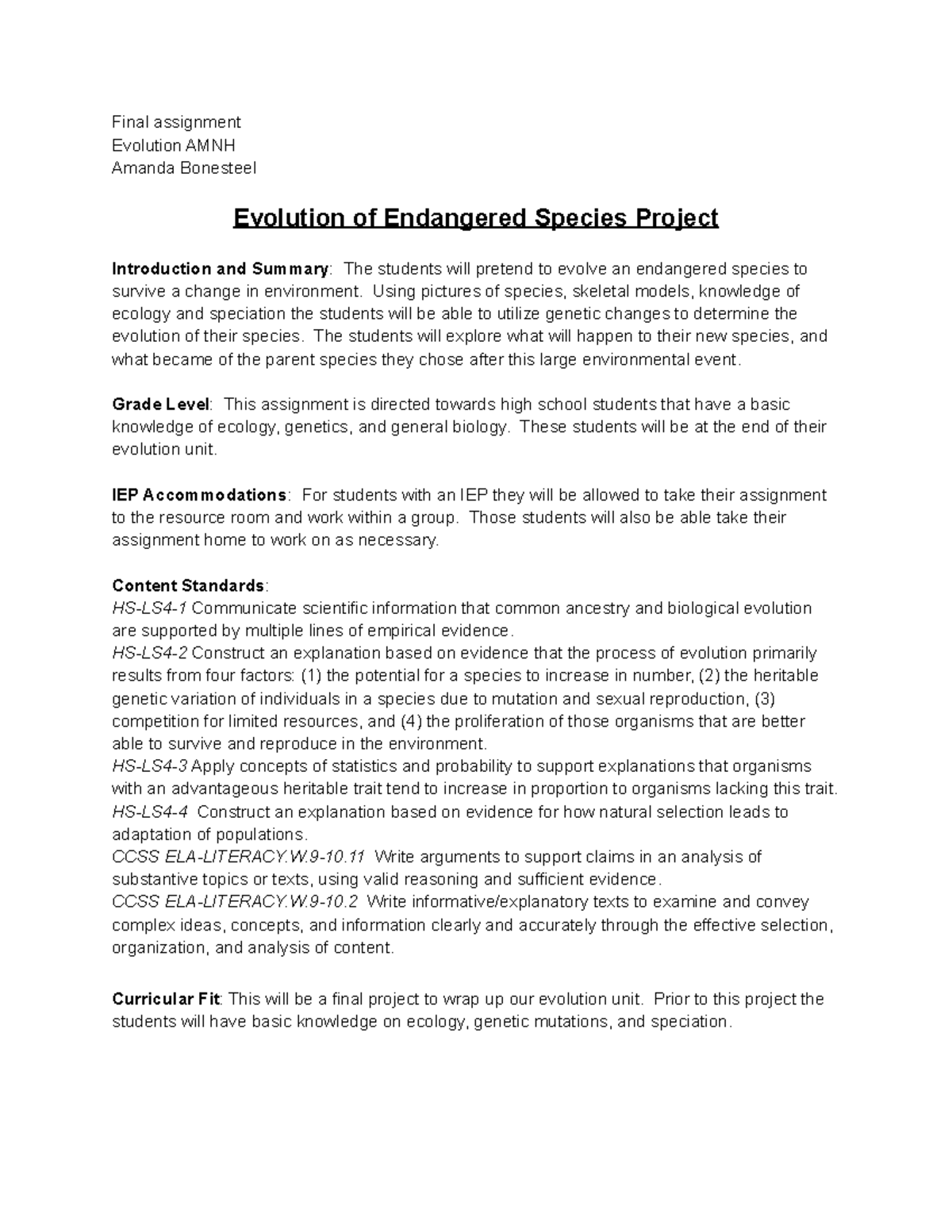 Evolution Final assignment WGU final assignment - Final assignment ...