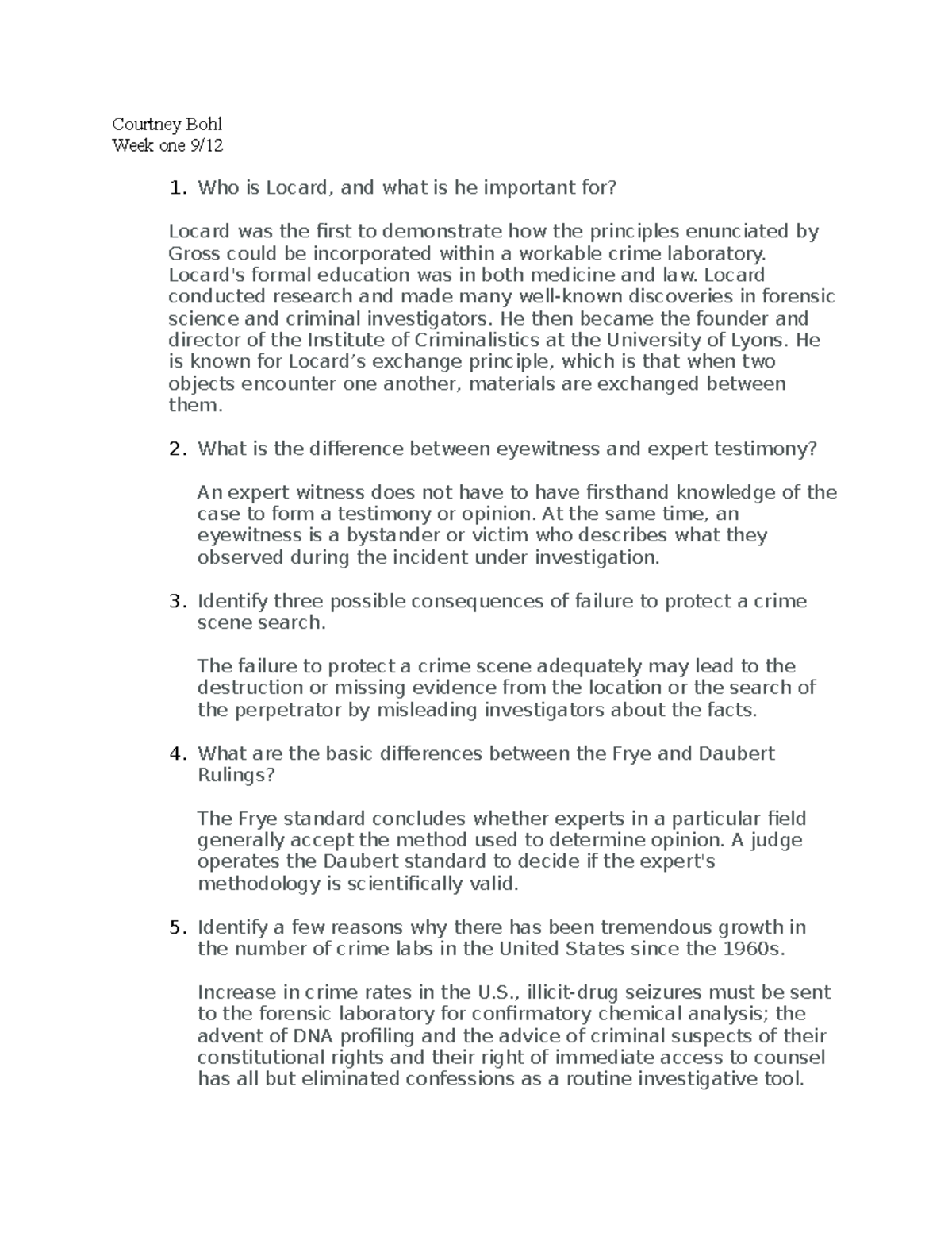 Week one FS assignment - Courtney Bohl Week one 9/ Who is Locard, and ...