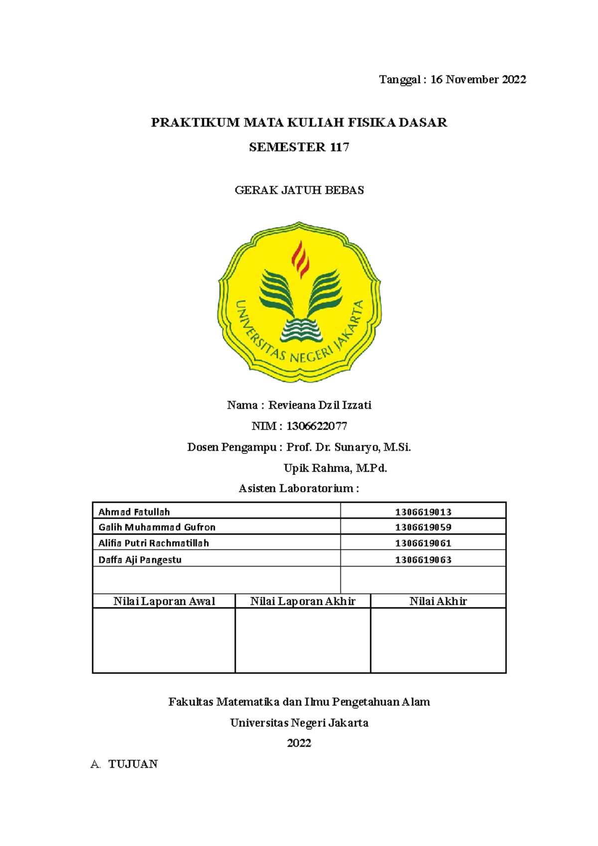Laprak Gerak Jatuh Bebas Revieana Dzil Izzati - Tanggal : 16 November ...