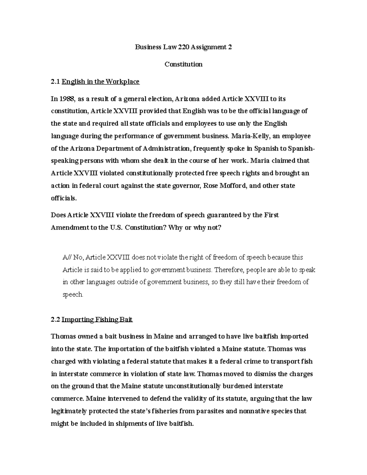 Business Law 220 Assignment 2 - Business Law 220 Assignment 2 ...