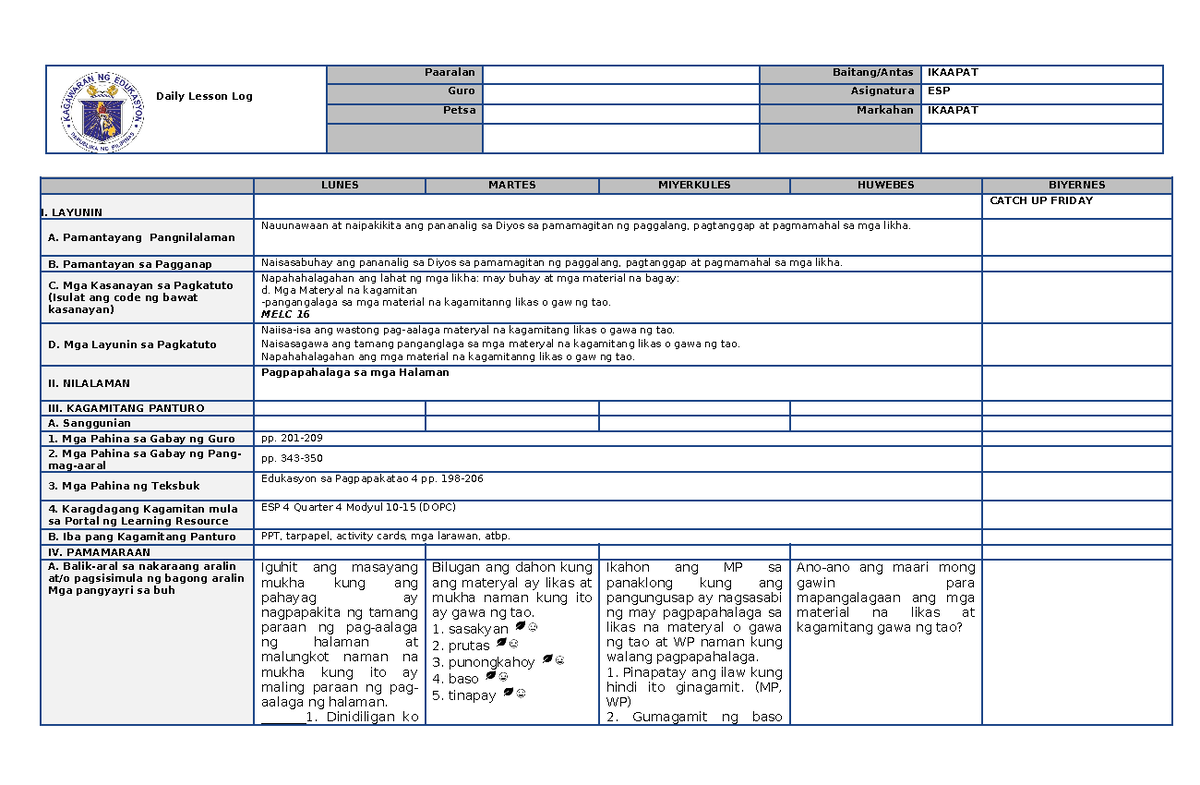 Q4 ESP 4 DLL WEEK 6 - for reference - Daily Lesson Log Paaralan Baitang/Antas IKAAPAT Guro - Studocu