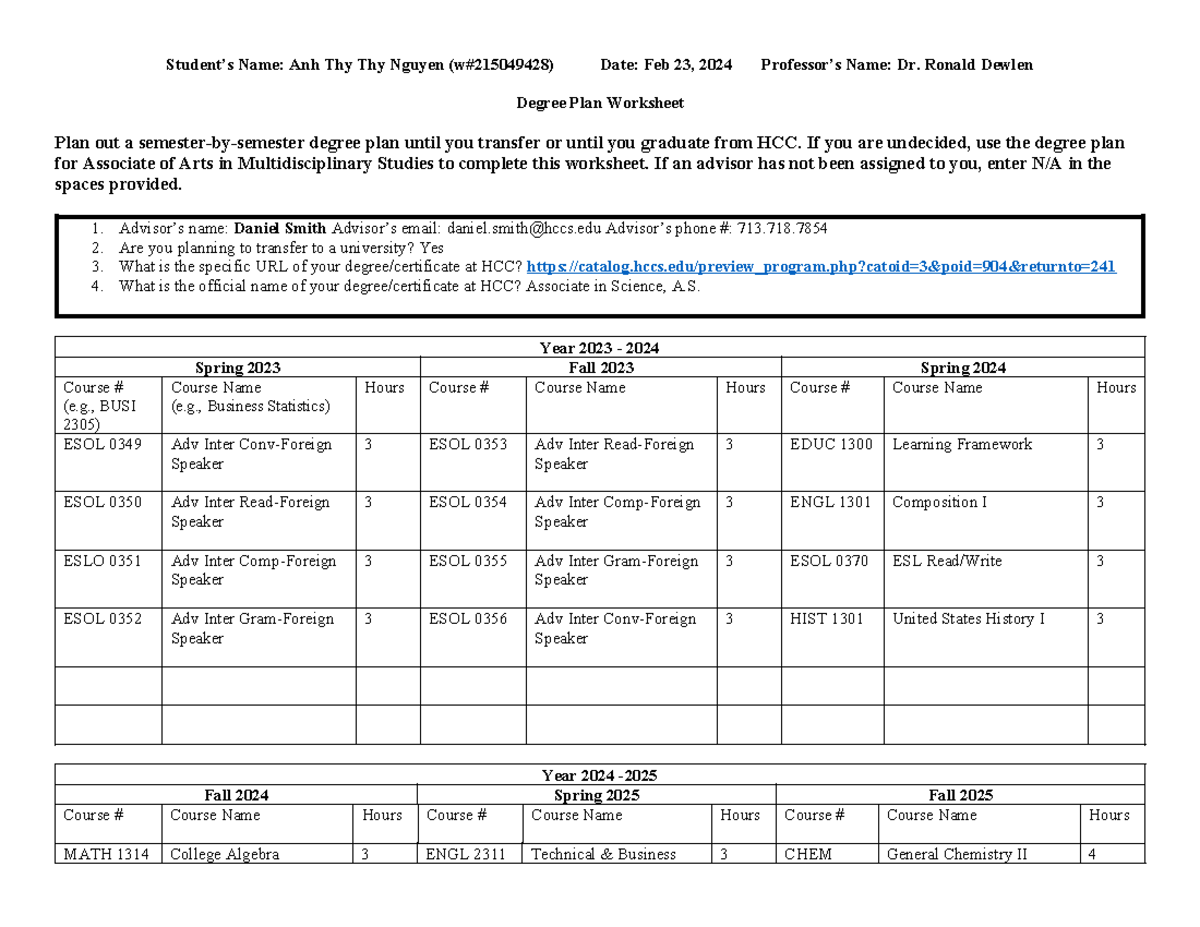 Degree Plan Worksheet 2023-2024-1-1 - Student’s Name: Anh Thy Thy ...