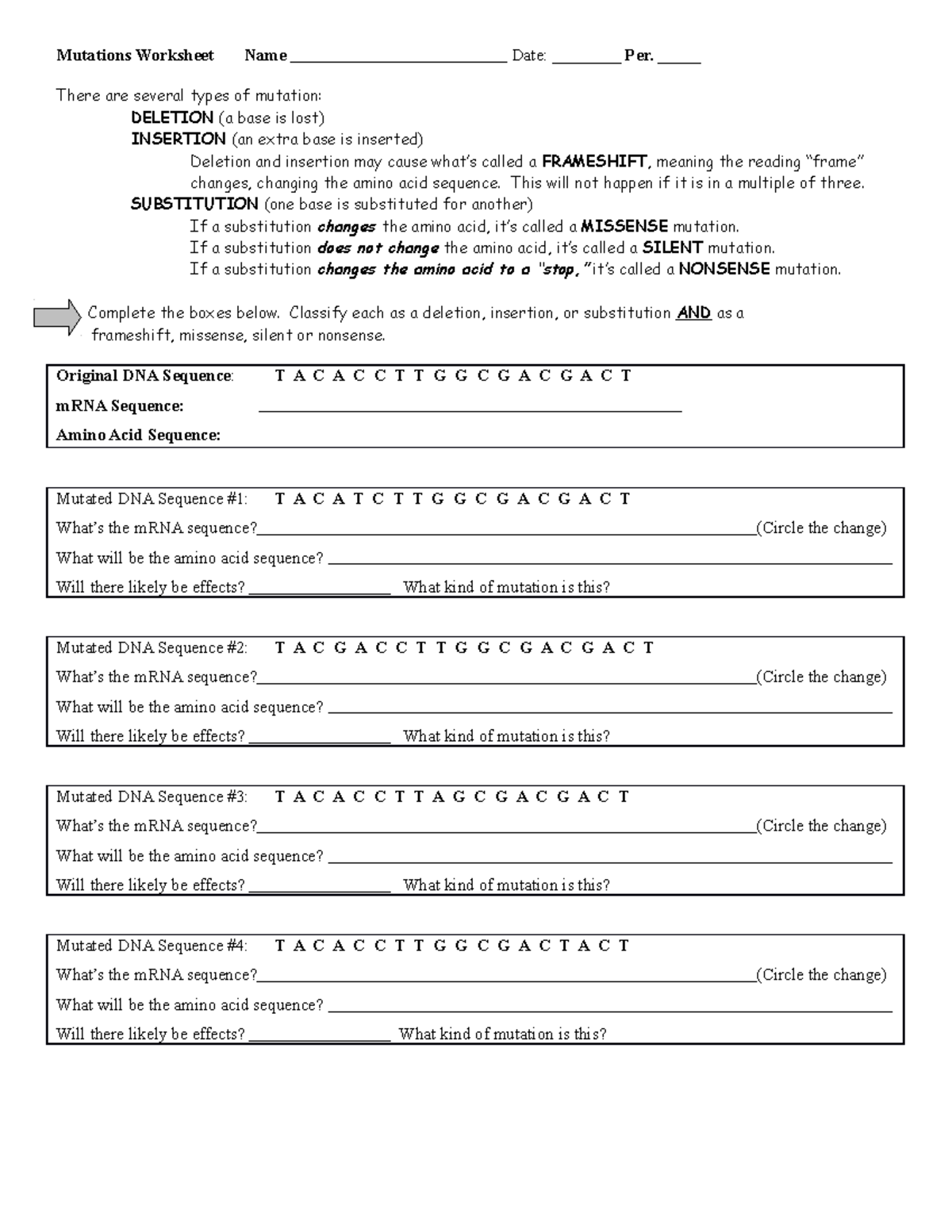 Mutations WS - Mutations Worksheet Name Date: ________ Per. _____ There ...