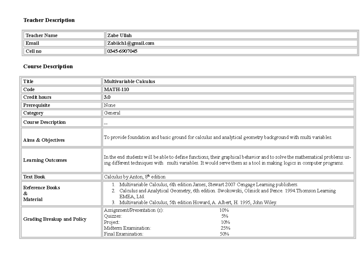 MATH-110 Multivariable Calculas[ 73] - Teacher Description Teacher Name ...