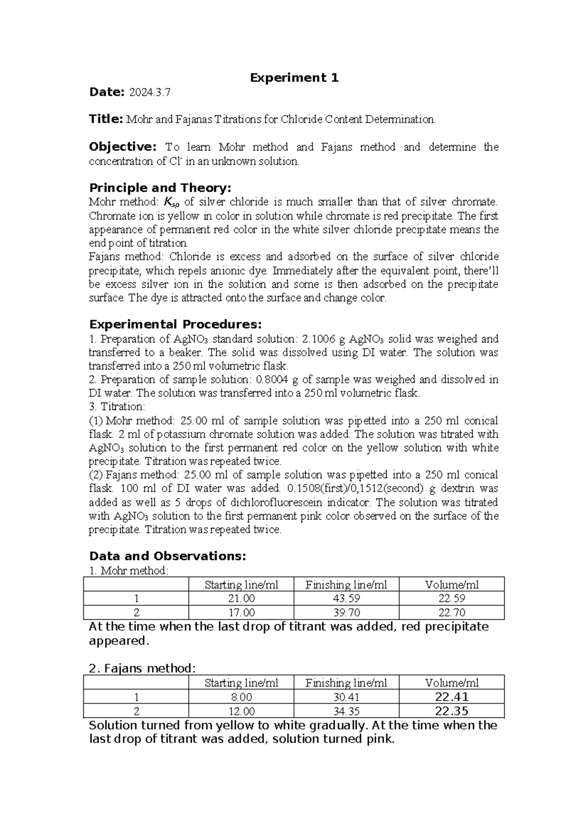 EXP1 - experiment 1 report - Experiment 1 Date: 2024. Title: Mohr and ...