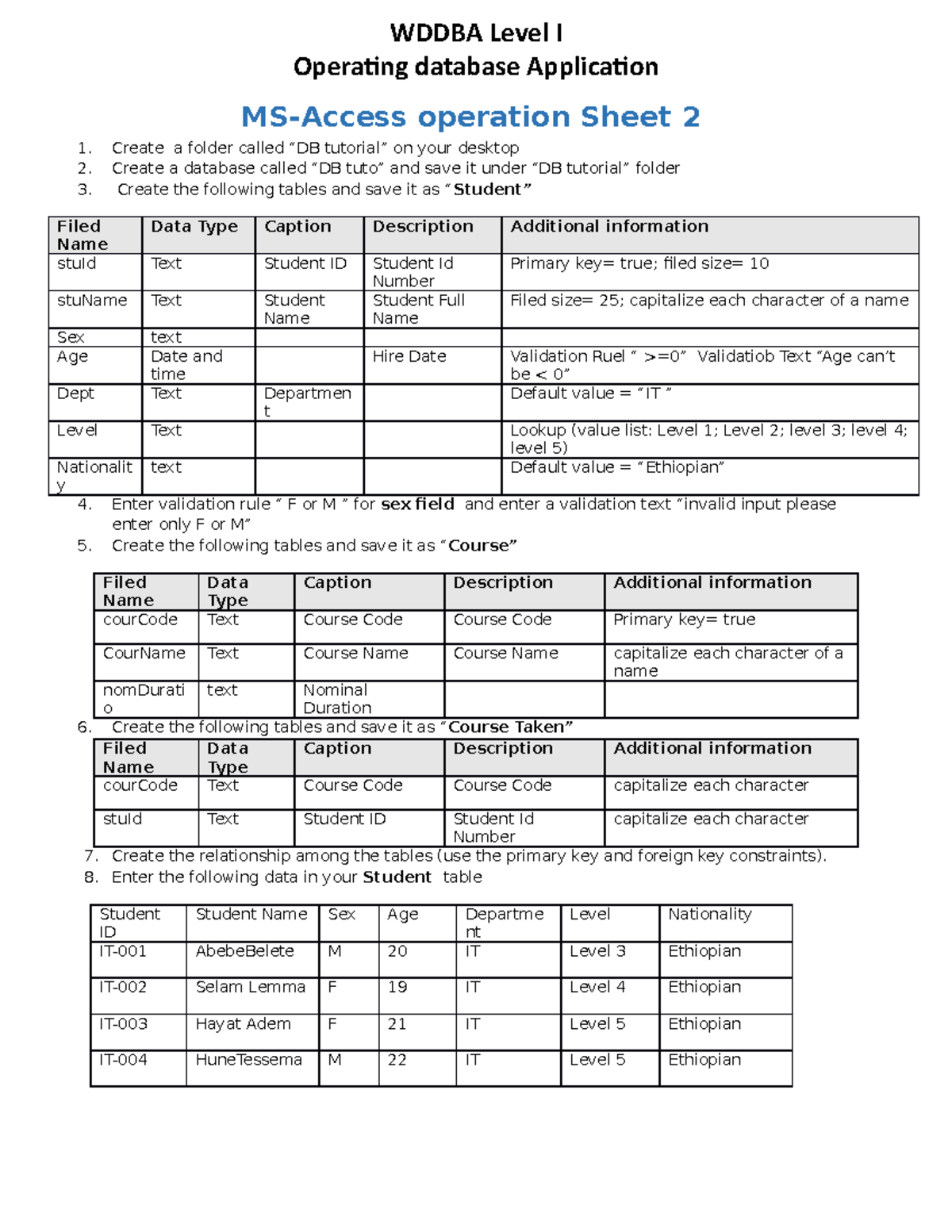 Operation Sheet 2 - Practical Exercise about MS Access - WDDBA Level I ...