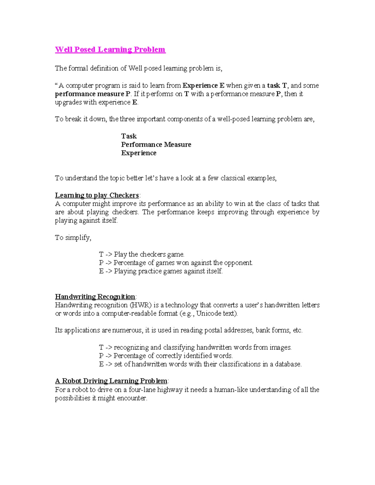 Ml - Well Posed Learning Problem - Well Posed Learning Problem The formal definition of Well ...