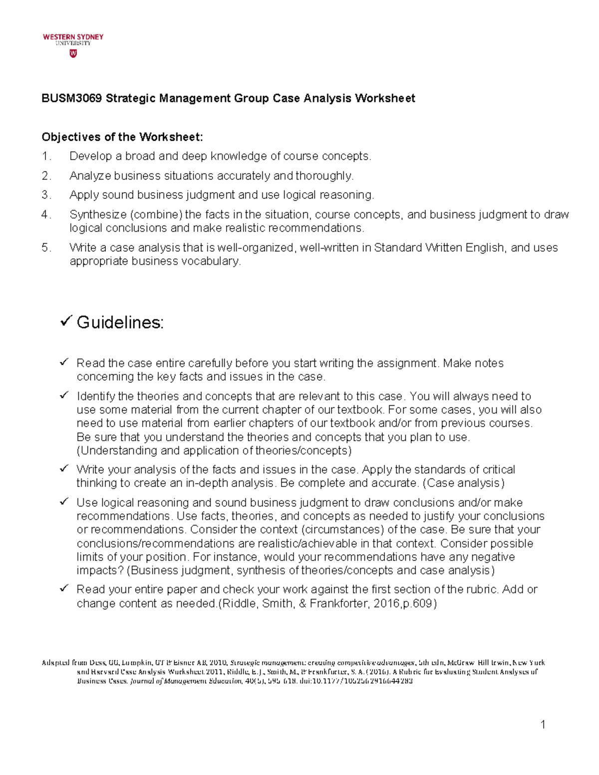 Case study analysis sheet - BUSM3069 Strategic Management Group Case ...
