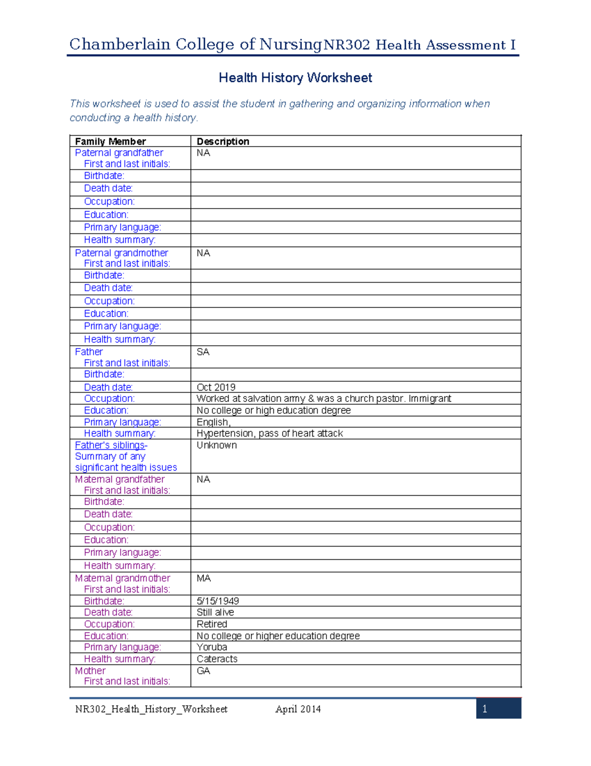 NR302 Health History Worksheet - Chamberlain College of NursingNR302 ...