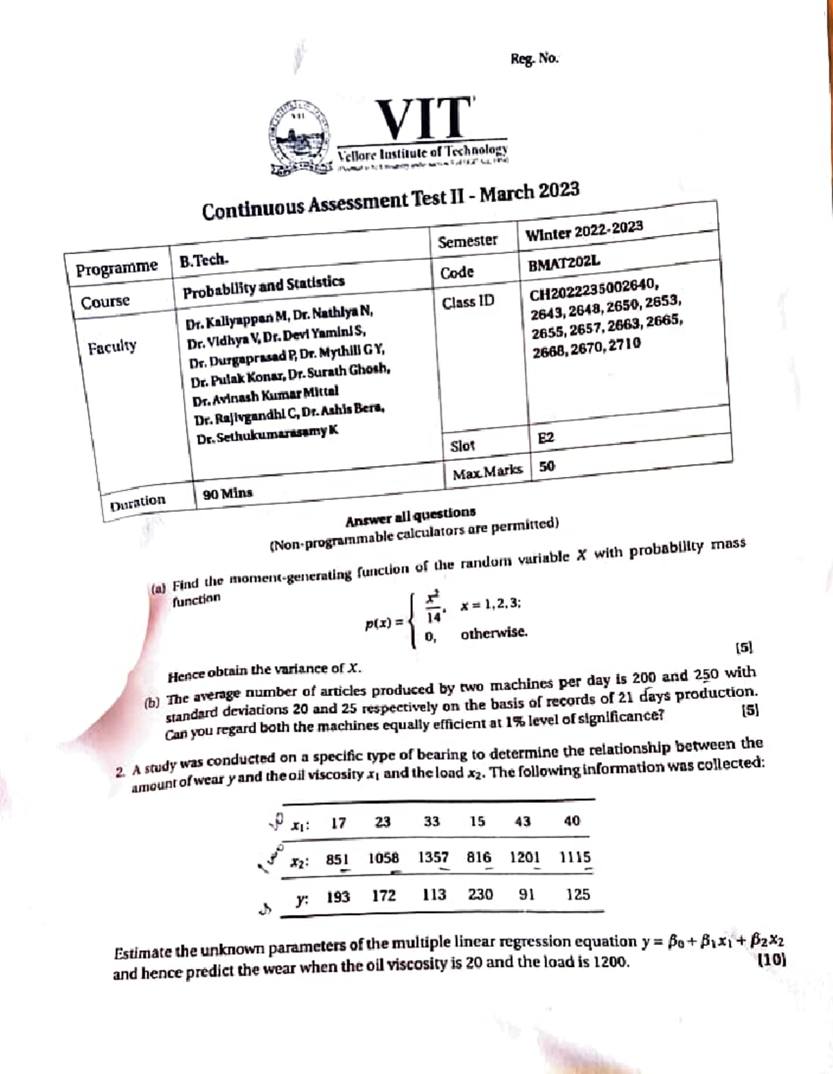 Winter 2022-23 E2+TE2 BMAT202L CAT2 - Probability And Statistics - Studocu
