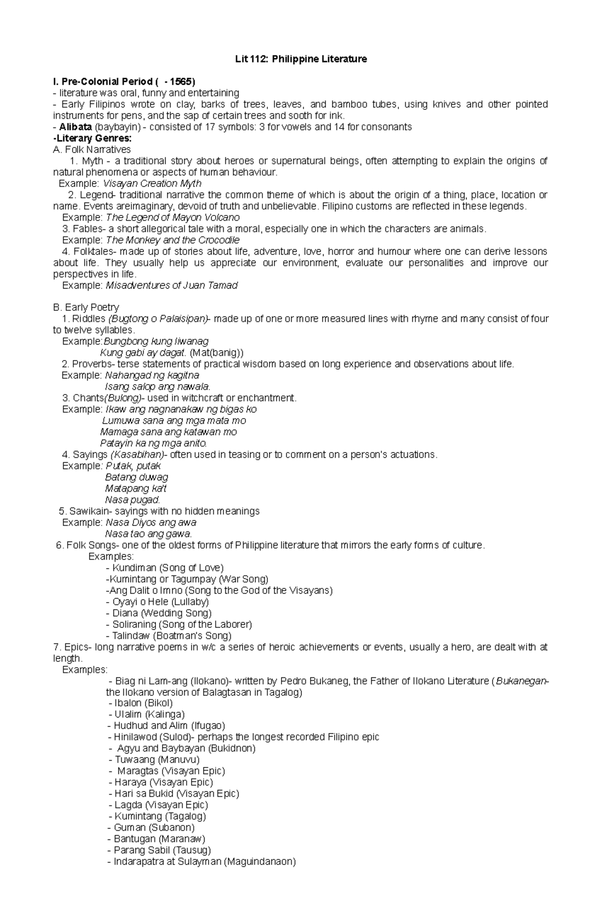 Lit-112-Factsheets - Lit 112: Philippine Literature I. Pre-Colonial ...