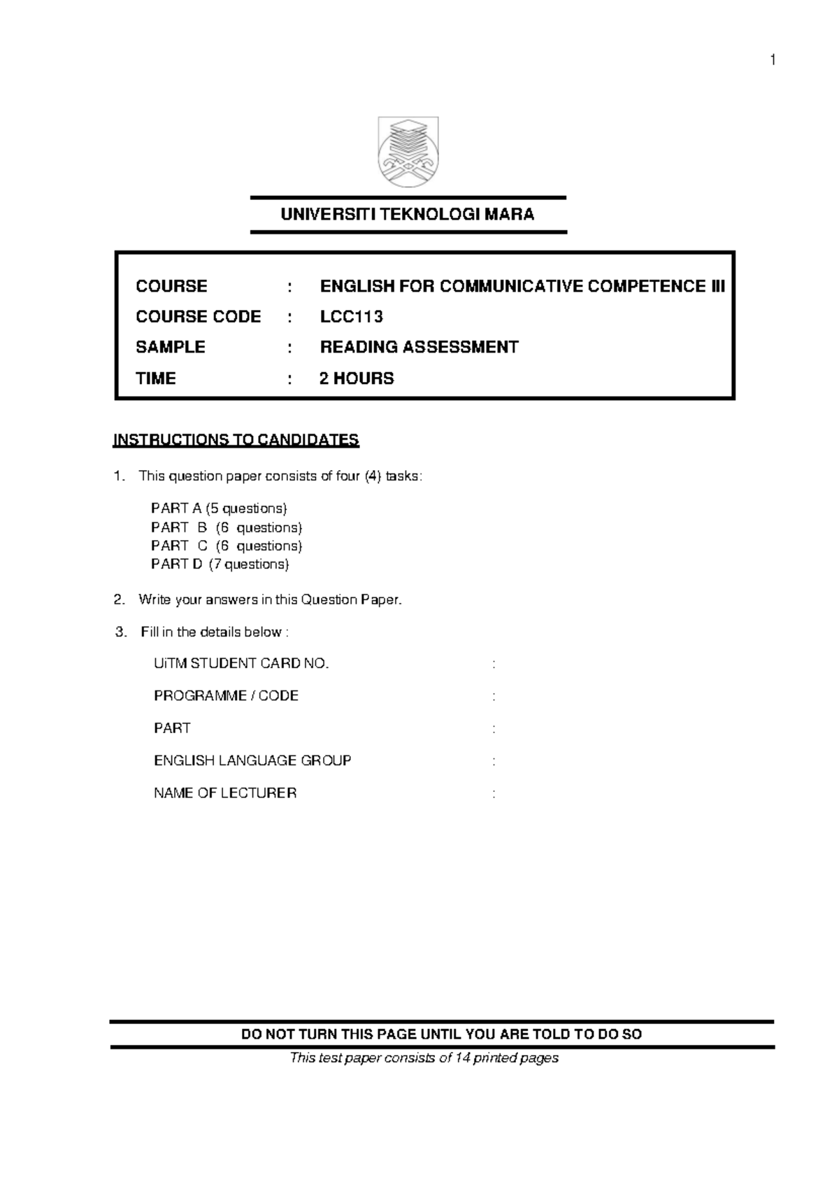 LCC113 assesment answer - COURSE : ENGLISH FOR COMMUNICATIVE COMPETENCE ...
