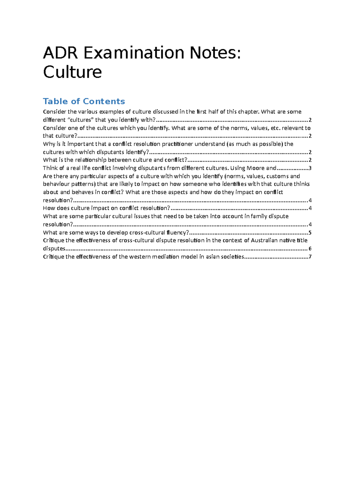 ADR Exam Notes - Culture - ADR Examination Notes: Culture Table of ...