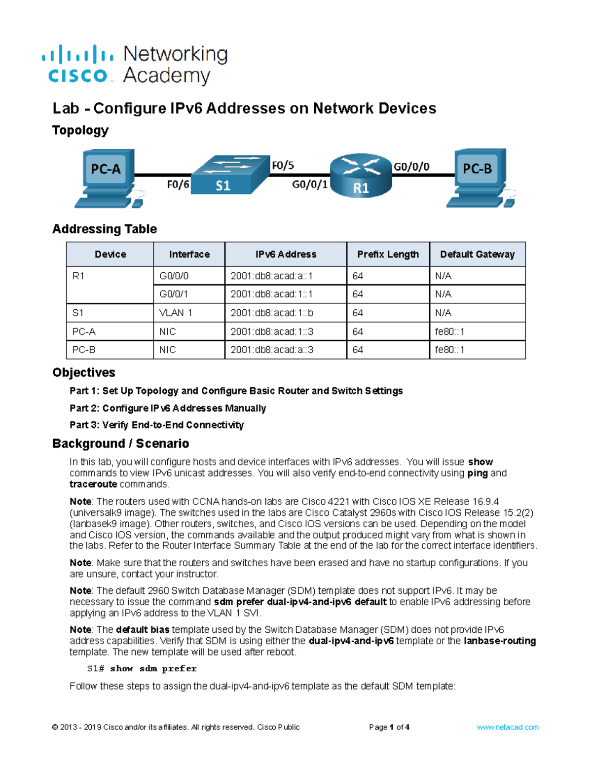 1292 Lab Configure Ipv6 Addresses On Network Devices Topology Addressing Table Device