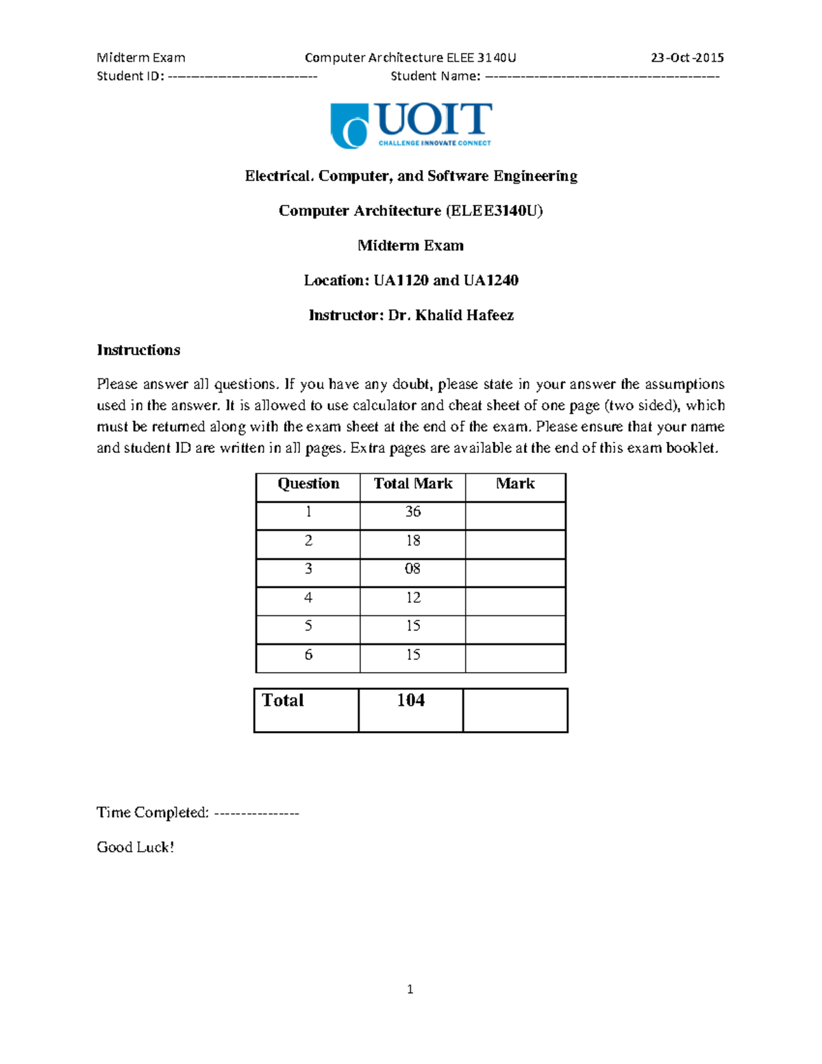 Midterm 2015 .pdf - stgstg - Student ID: - Student Name: - Electrical. Computer, and Software ...