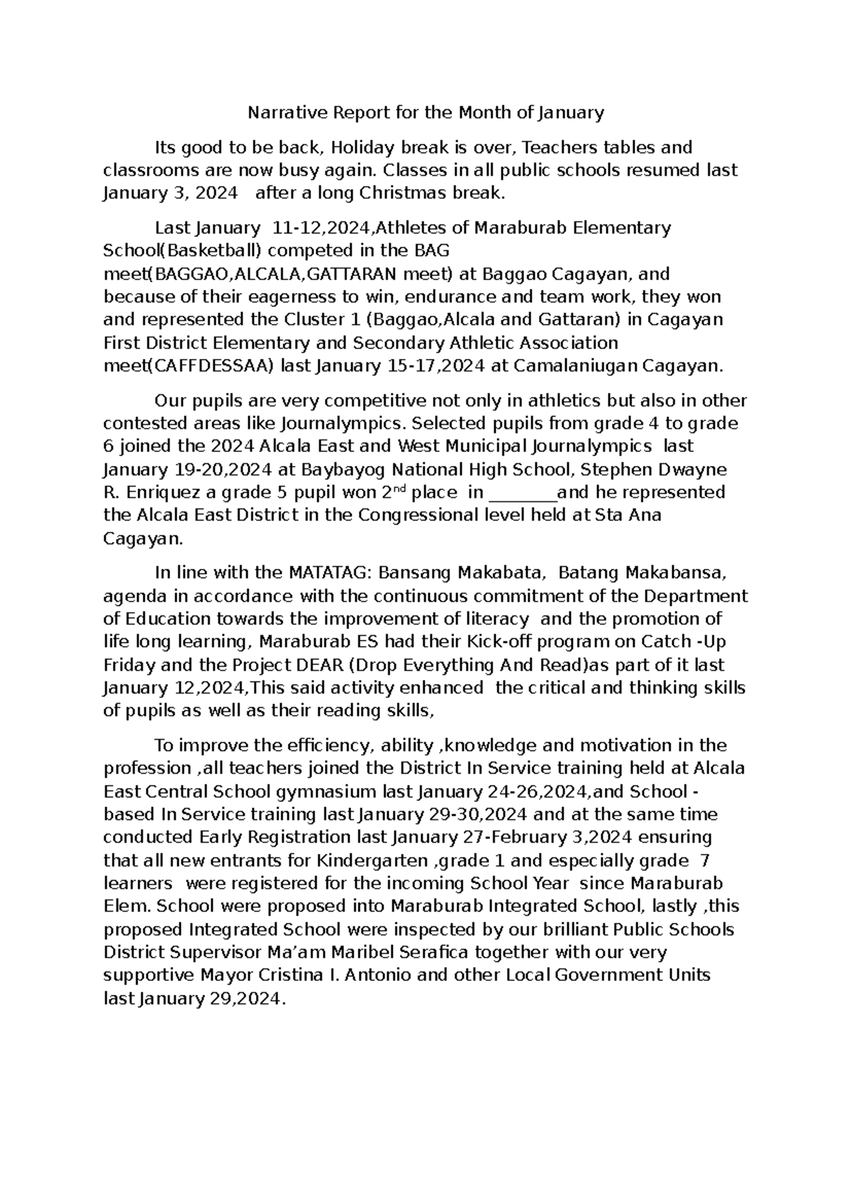 January narrative report - Narrative Report for the Month of January ...