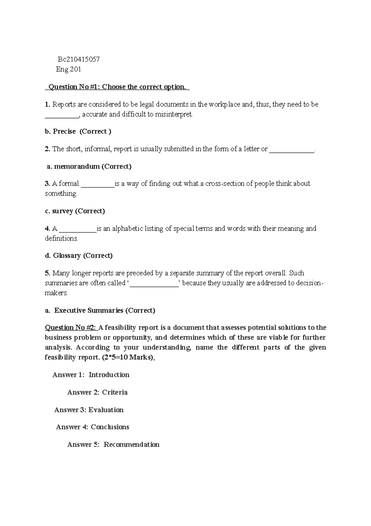Eng201 Assignment 02 Bc Eng 201 Question No 1 Choose The Correct