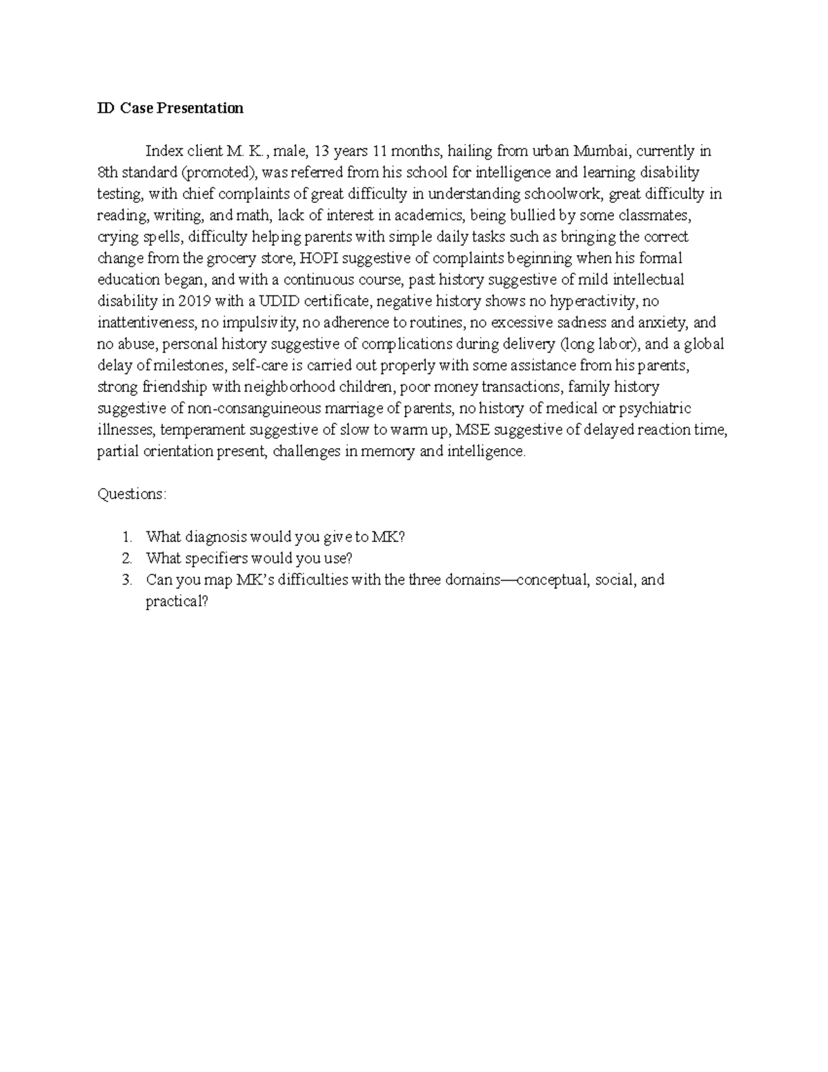 ID Case for Practice - ID Case Presentation Index client M. K., male ...