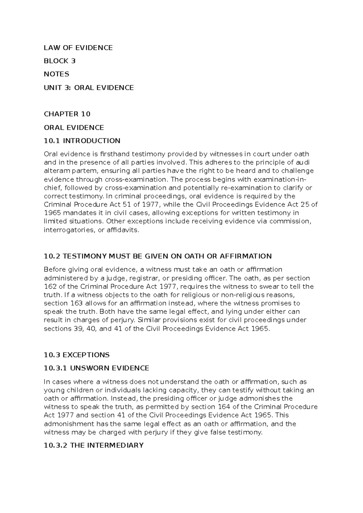LAW OF Evidence UNIT 3 Notes - LAW OF EVIDENCE BLOCK 3 NOTES UNIT 3 ...