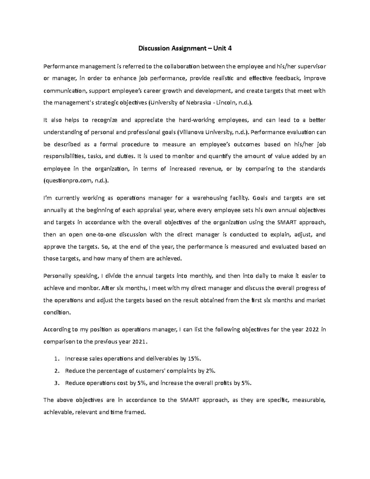 Discussion Assignment - Unit 4 - Discussion Assignment – Unit 4 Performance management is ...