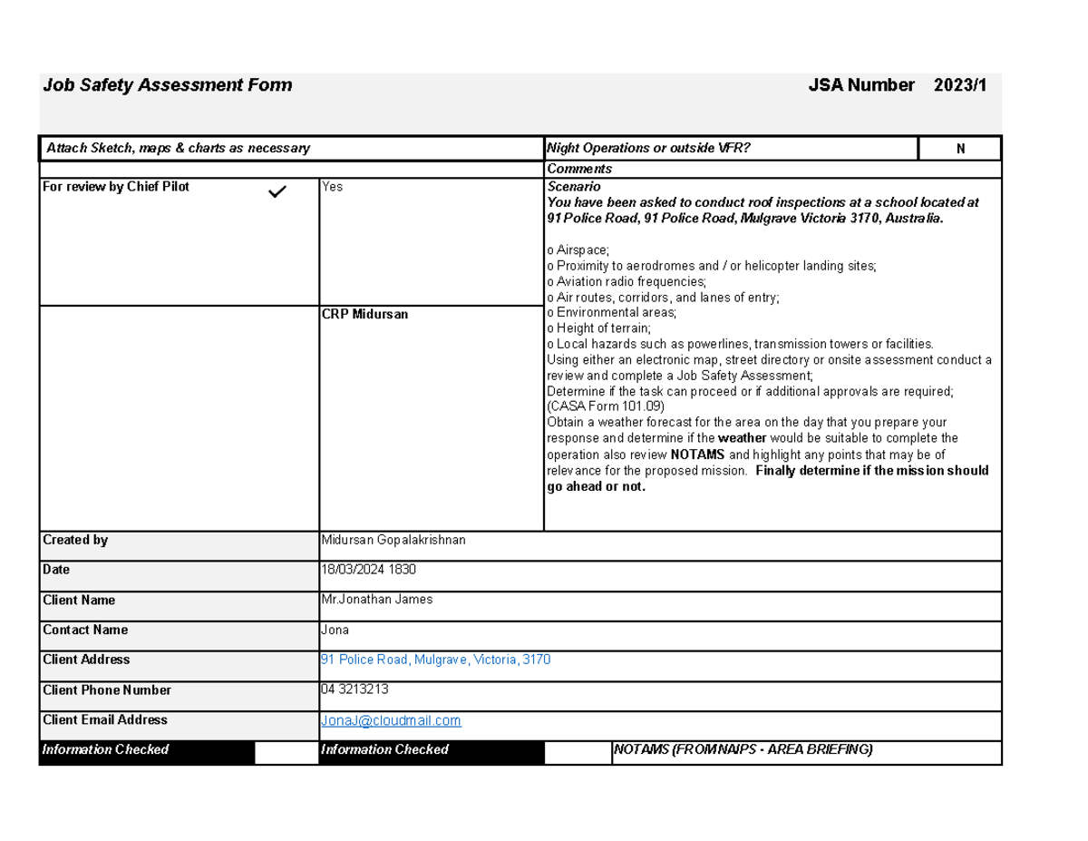 Scenario 1 Drone RSA - Job Safety Assessment Form JSA Number 2023/ N ...