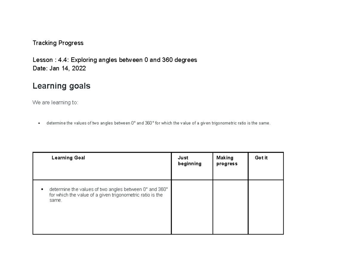 4 - nm bvbc cvcxv - Tracking Progress Lesson : 4: Exploring angles ...