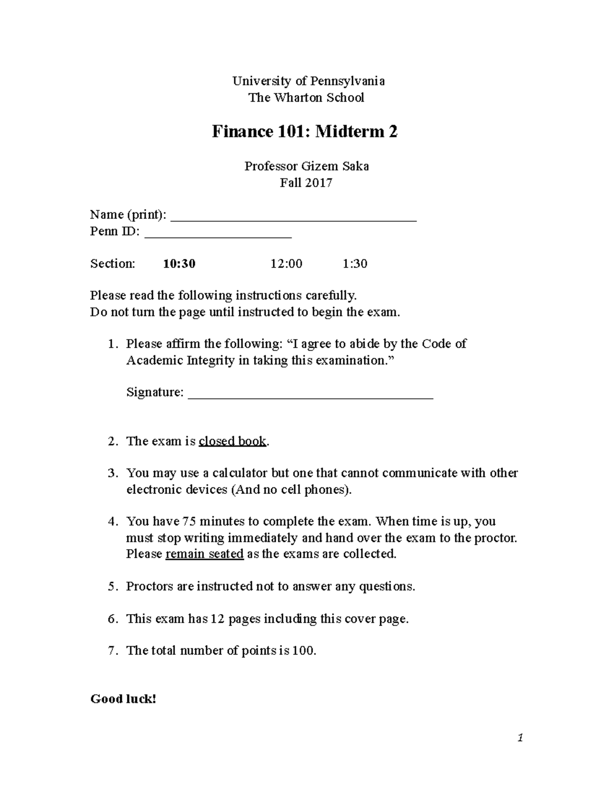 Saka F17 Finance 101 Midterm 2 Section 1 - University of Pennsylvania The Wharton School Finance ...