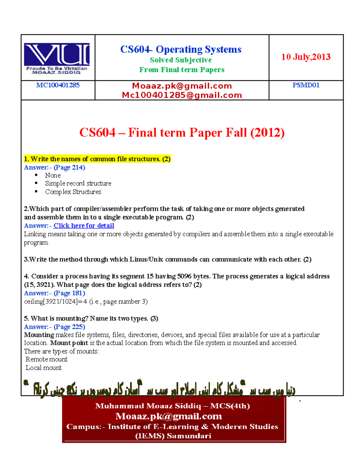 CS604 Final term Subjectives Solved With References by Moaaz vustudy ...