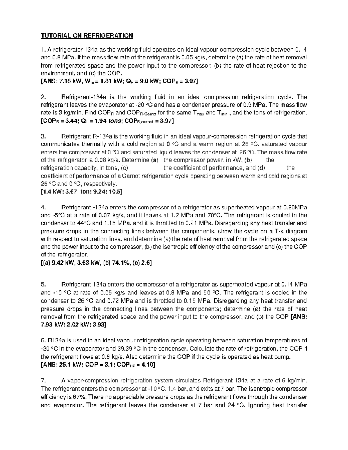 Refrigeration - Practice questions - TUTORIAL ON REFRIGERATION A ...