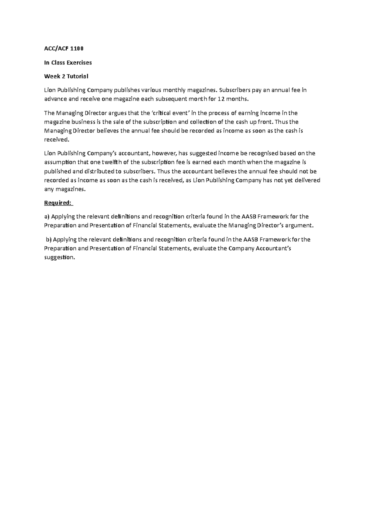 In calss exercises week 2 - ACC/ACF 1100 In Class Exercises Week 2 ...