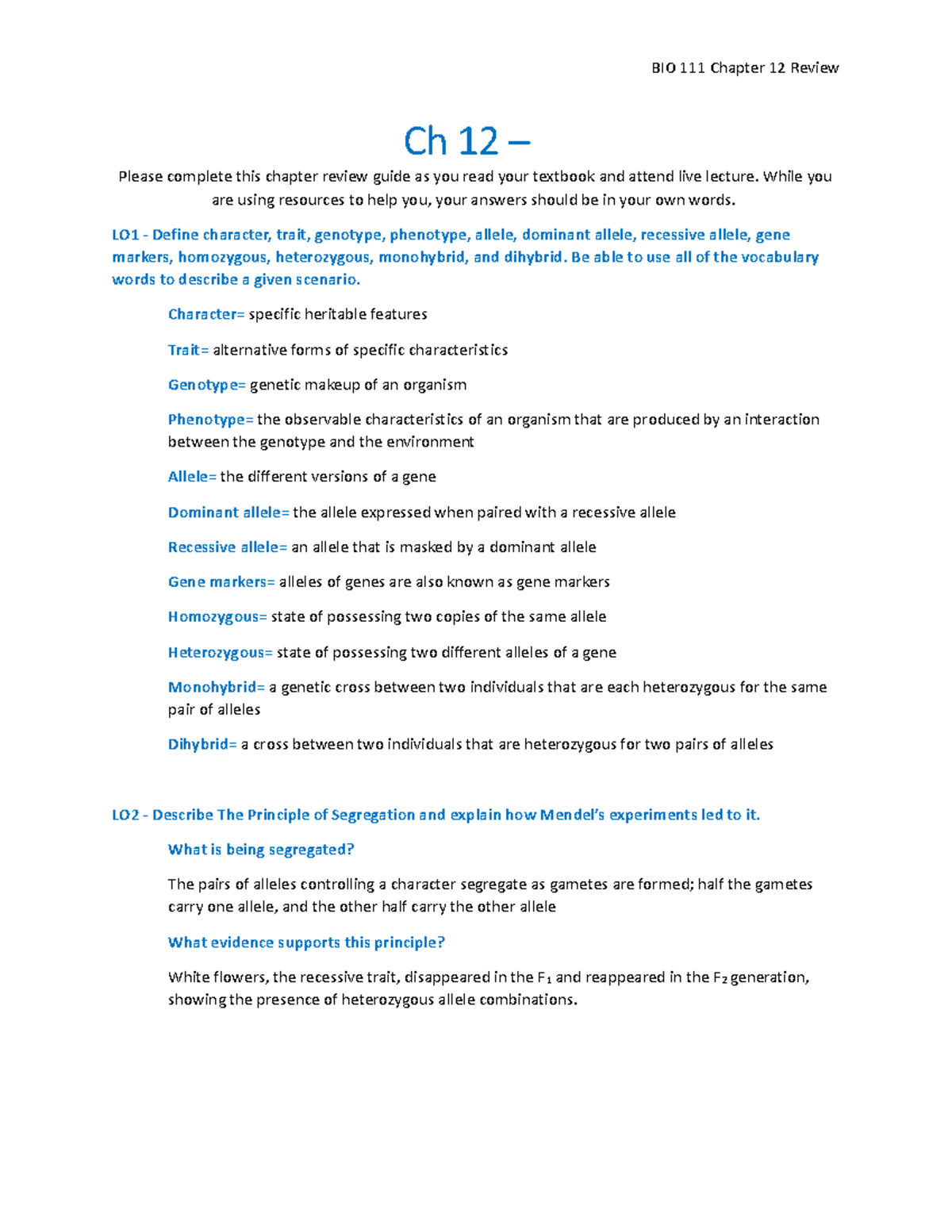 Review Sheet Ch 12 - Mendel Genes and Inheritance - Ch 12 – Please complete this chapter review ...