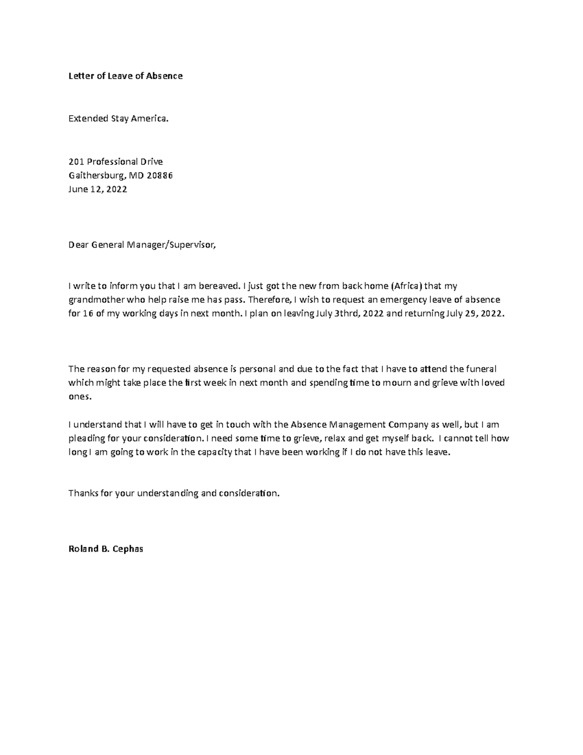 Berevement - N/A - Letter of Leave of Absence Extended Stay America ...