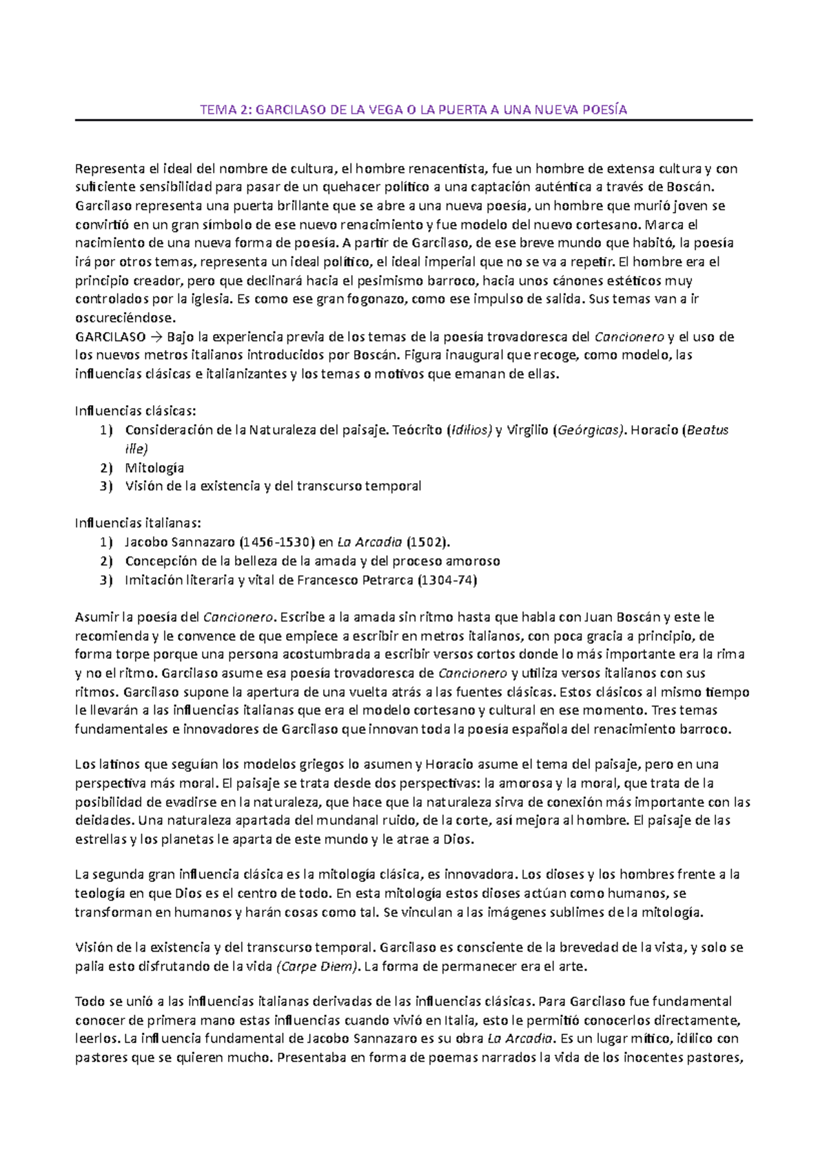 TEMA 2 - Apuntes 2 - TEMA 2: GARCILASO DE LA VEGA O LA PUERTA A UNA ...