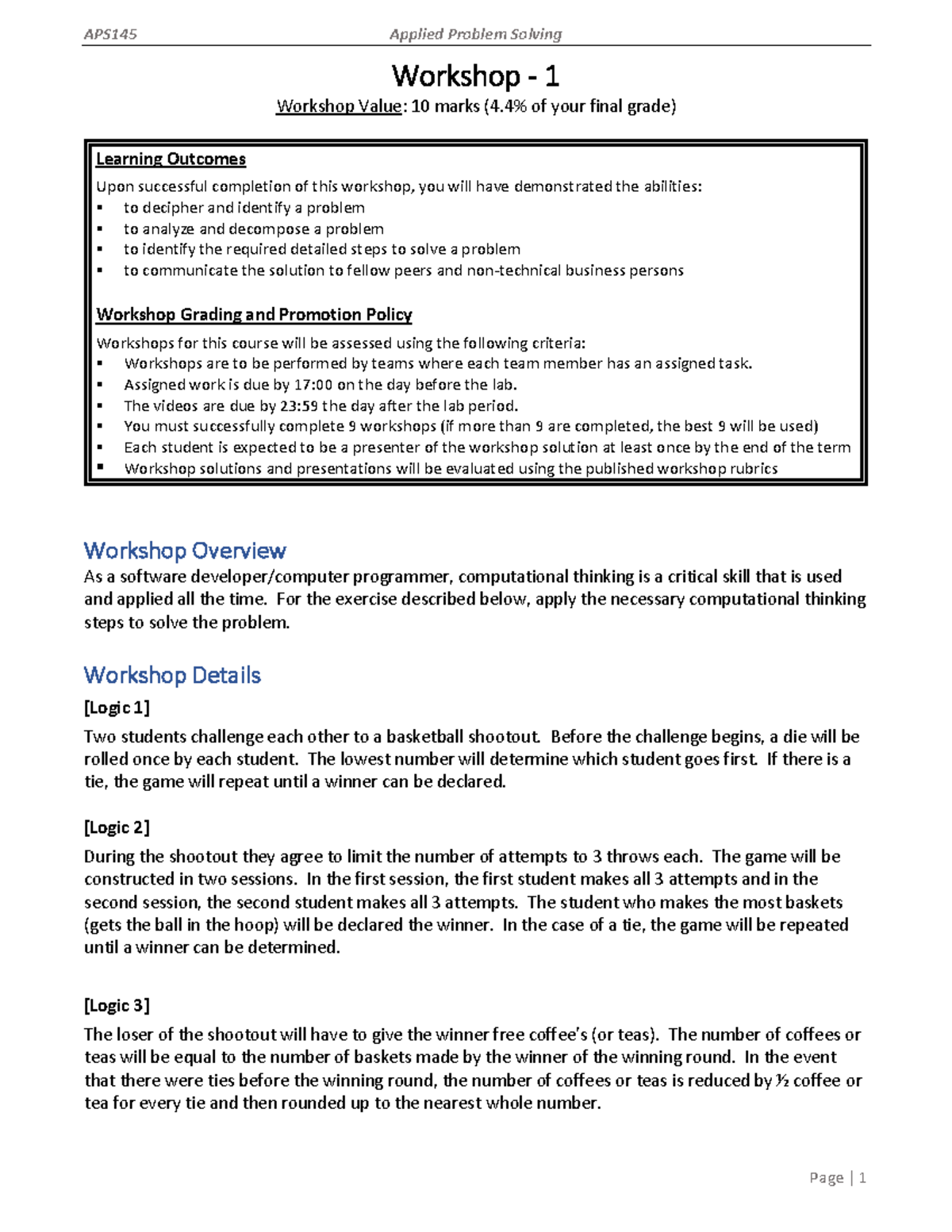 Workshop 01 APS101 - APS145 Applied Problem Solving Page | 1 Workshop ...