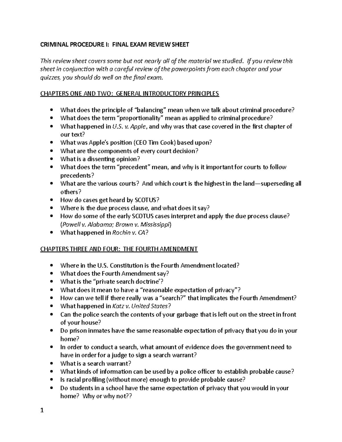 Crim.Pro - notes - CRIMINAL PROCEDURE I: FINAL EXAM REVIEW SHEET This ...