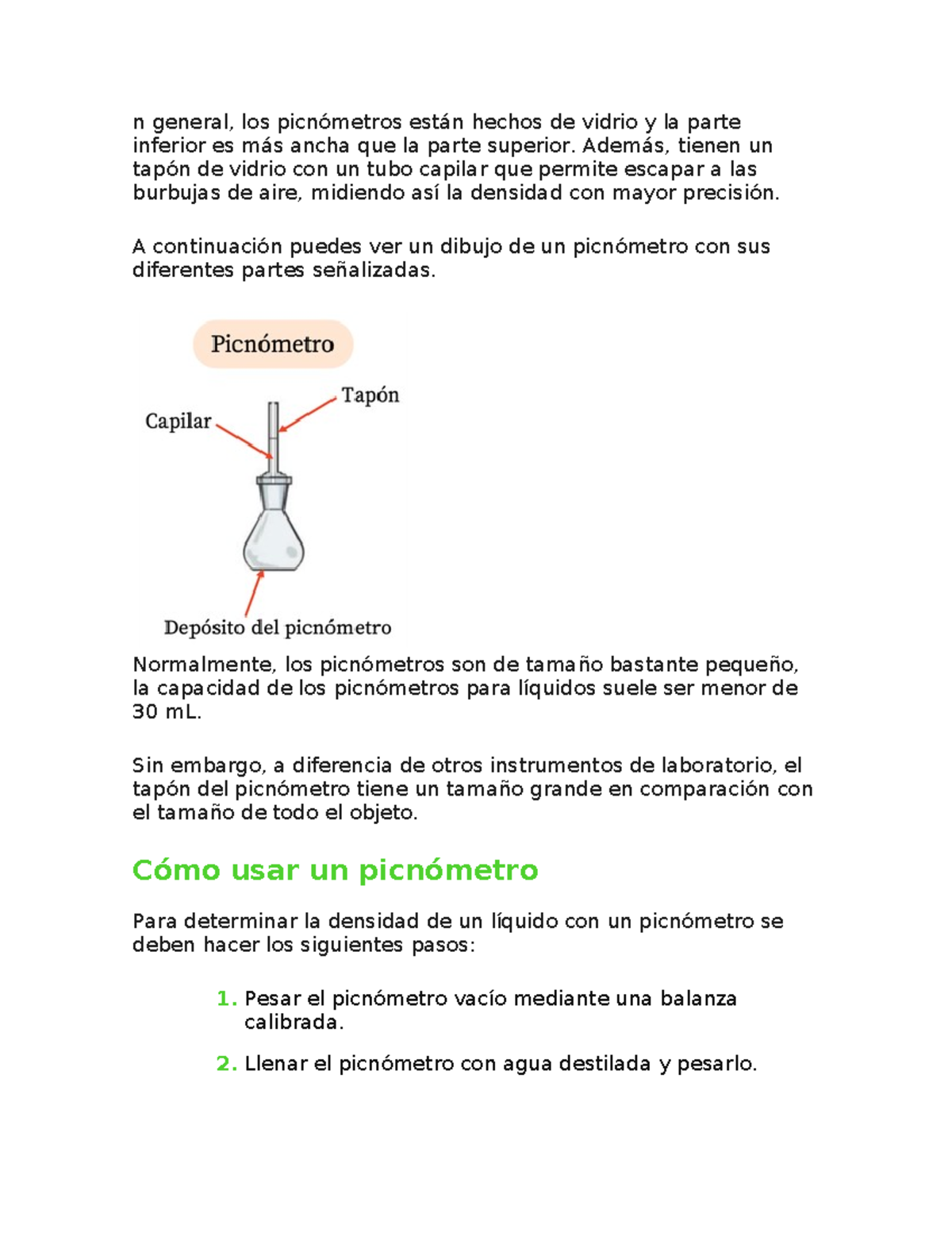 Picnometro - n general, los picnómetros están hechos de vidrio y la ...
