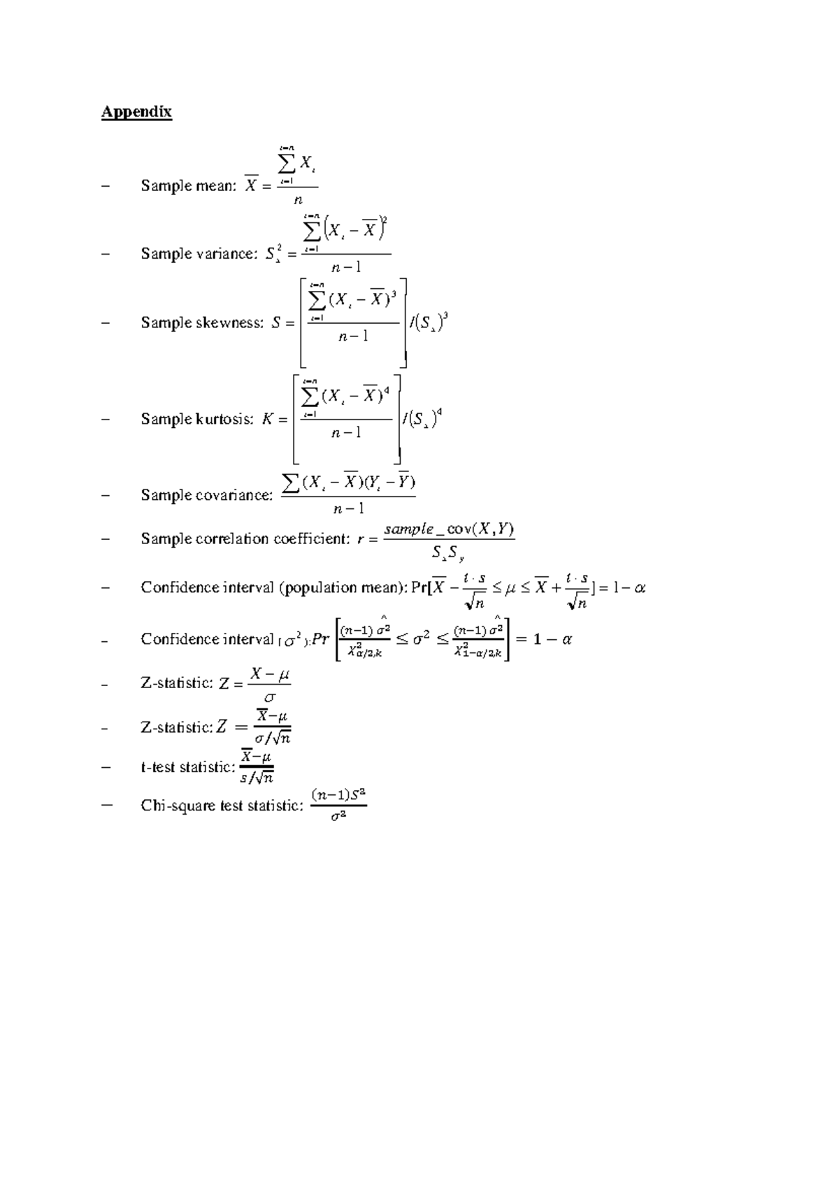 Formula sheet and tables combined - Appendix − Sample mean: n X X i n i i = = = 1 − Sample - Studocu