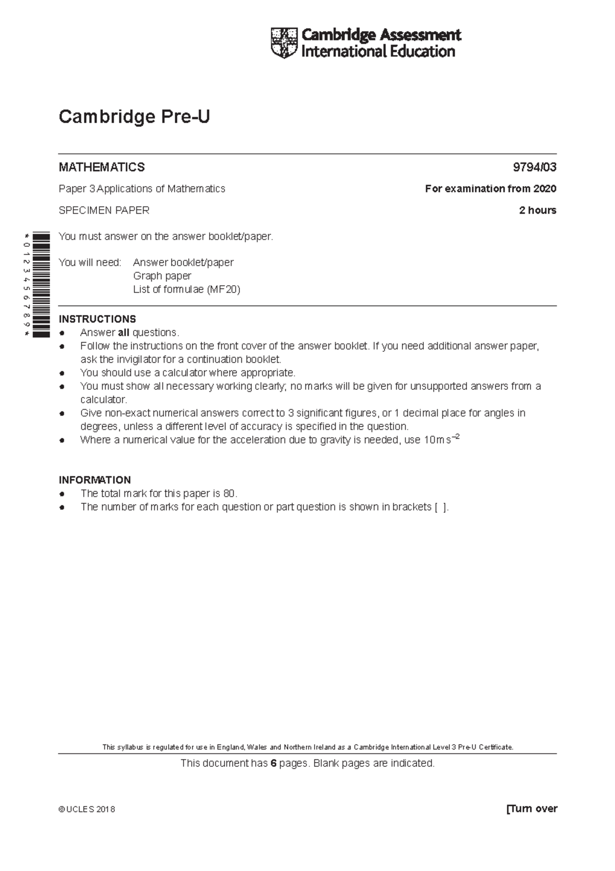 503337 2020 specimen paper 3 - MATHEMATICS 9794/ Paper 3 Applications ...