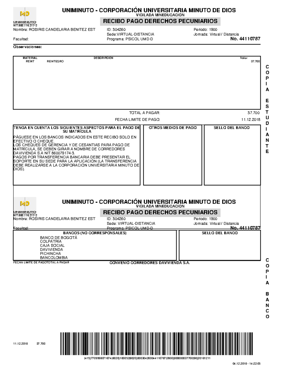000304260 (1) recibo de reintegro - C O P I A E S T U D I A N T E C O P ...