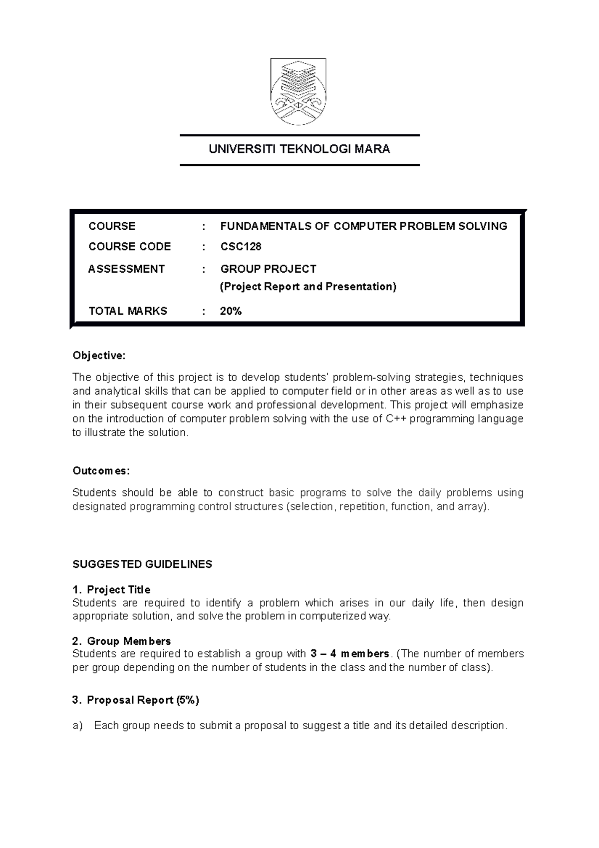 CSC128 Group Project Guidelines - Introduction to c++ - UiTM - Studocu