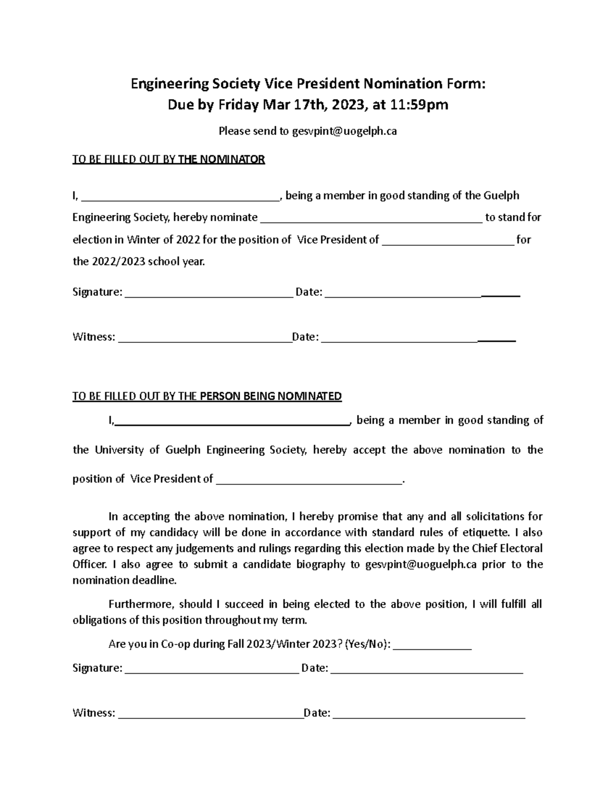 Vice Presidential Nomination Form 2023 - Engineering Society Vice ...