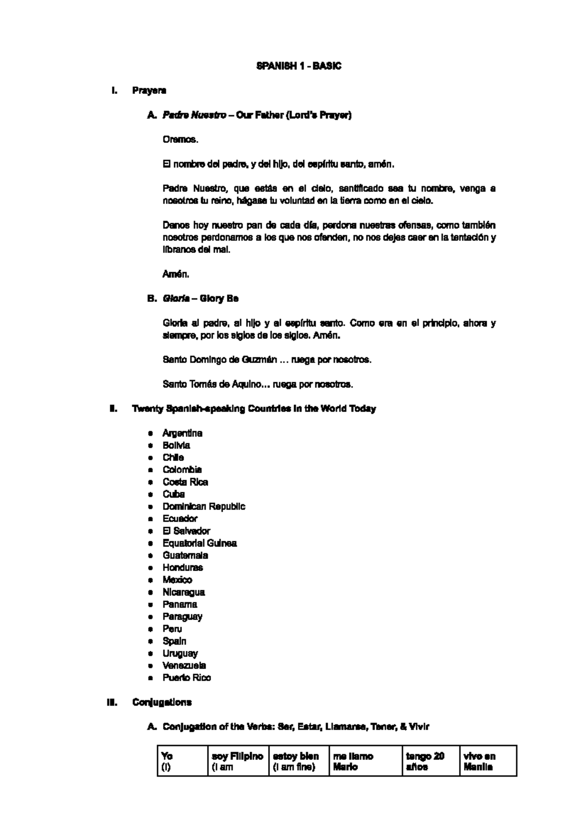 AB Legma Prelim Exams - SPANISH 1 BASIC I. Prayers A. Padre Nuestro Our ...