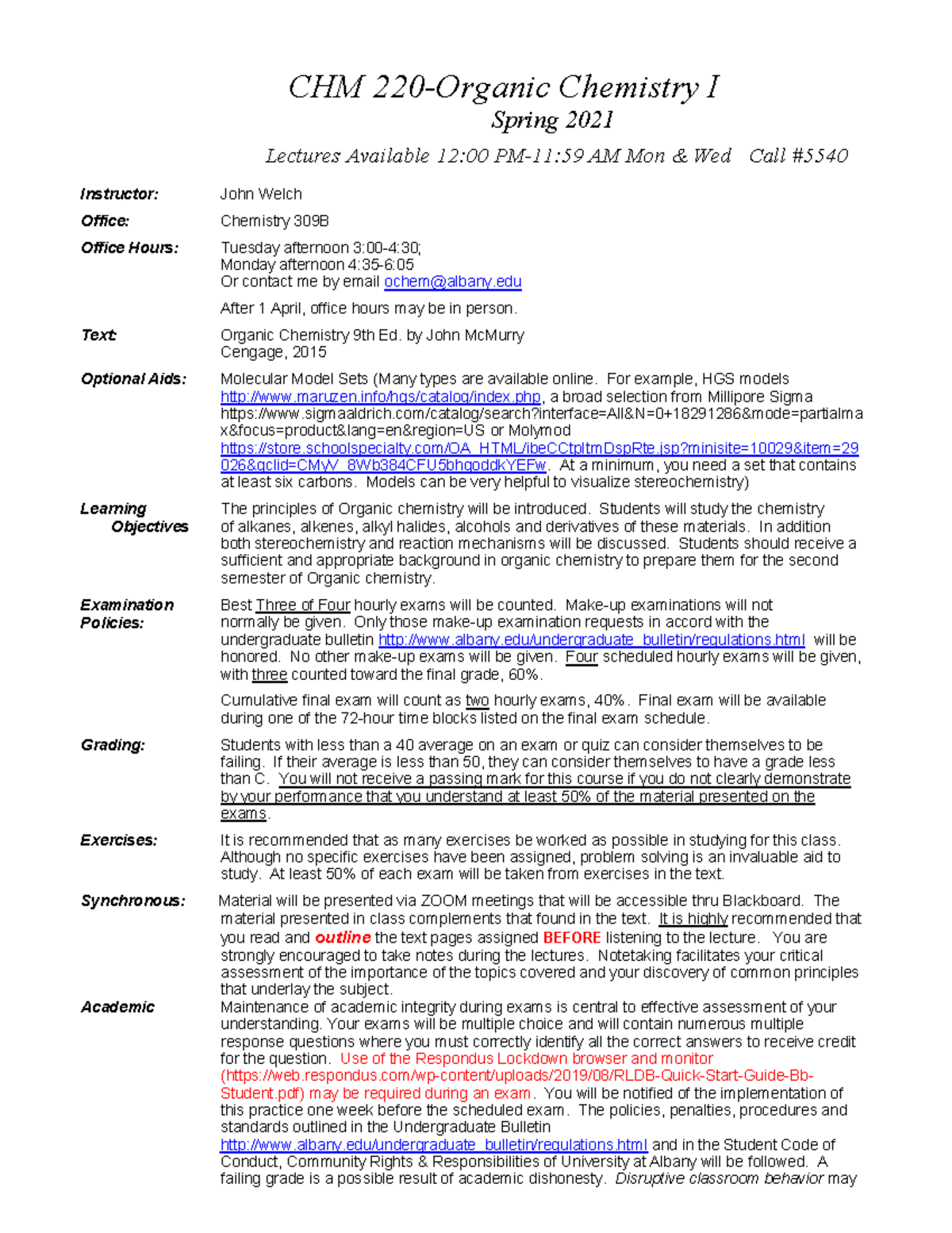 Syllabus CHM220 Spring 2021 - CHM 220 -Organic Chemistry I Spring 2021 ...