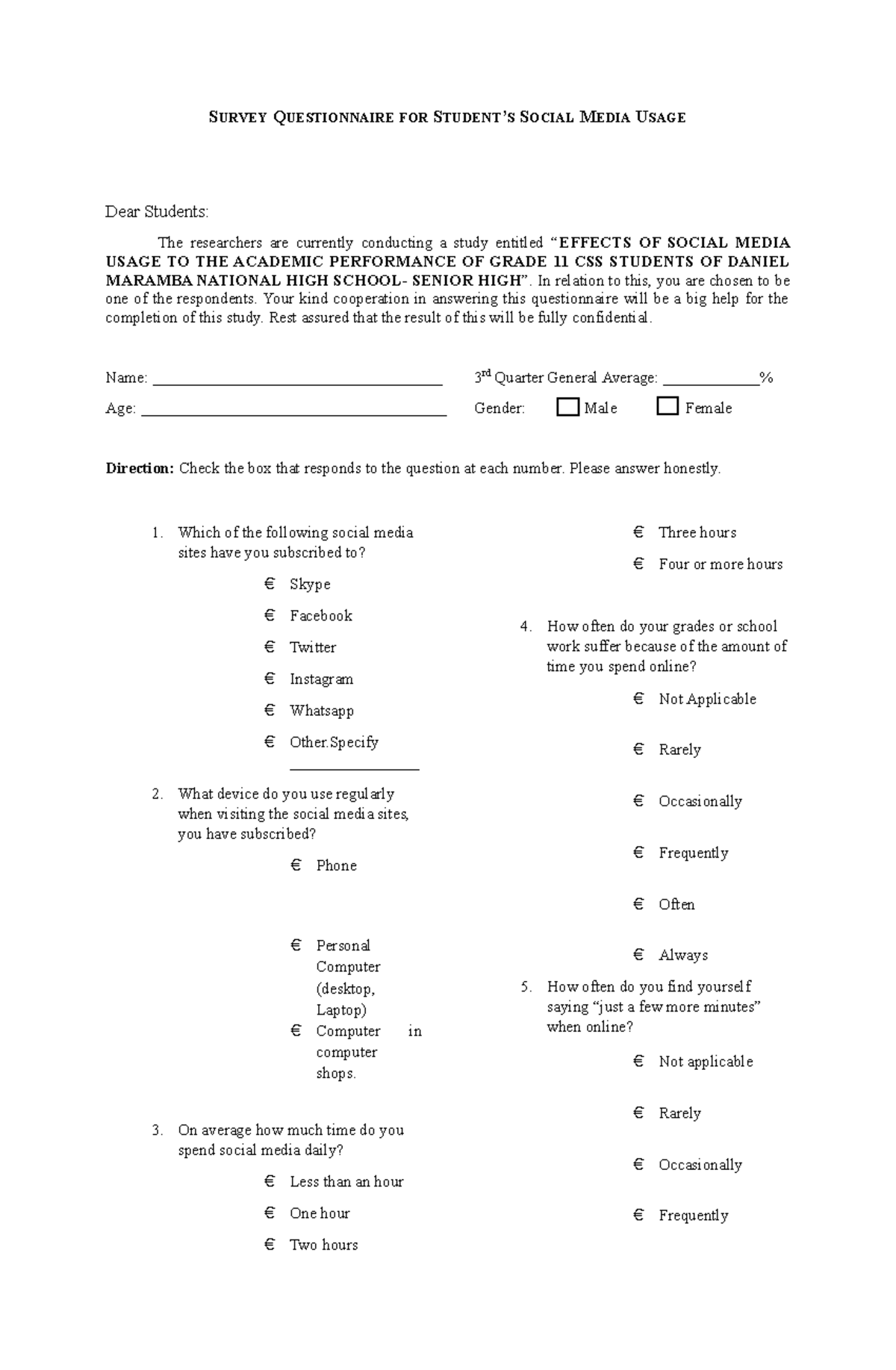 Questionnaire for Research - Information Technology - CDD - Studocu
